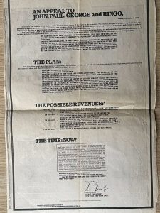 Promoter Sid Bernstein places New York Times ad for a Beatles reunion ...