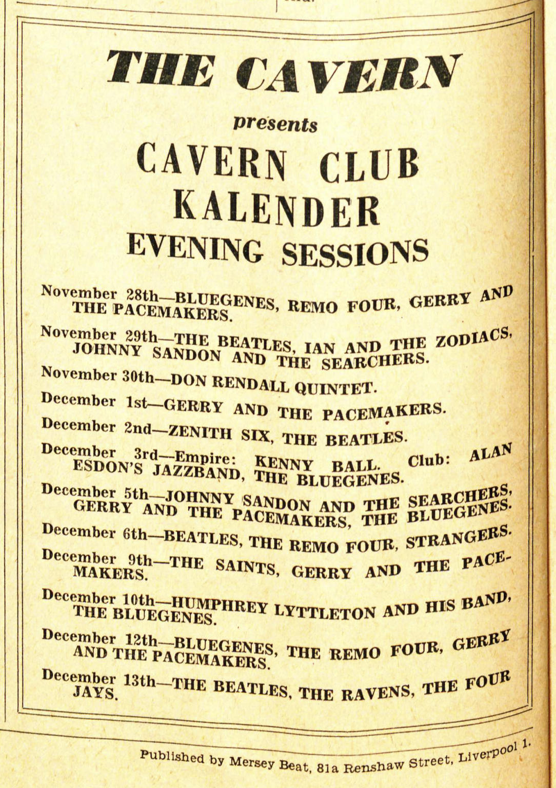 The Beatles concert at The Cavern Club in Liverpool on Nov 29, 1961 ...